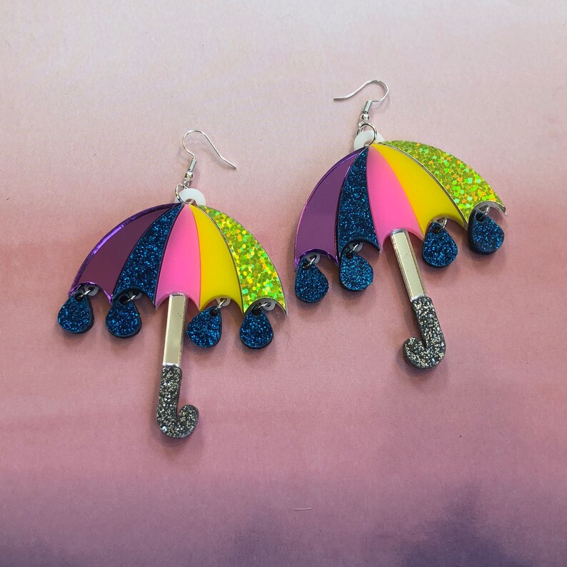Rainbow Umbrella and Glitter Raindrop Earrings Laser Cut - Etsy