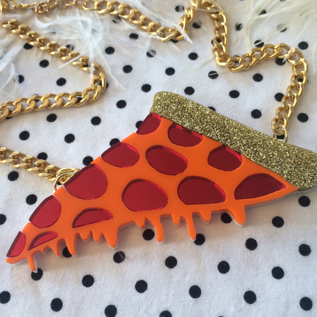 Drippy Pizza With Glitter Crust and Mirror Pepperoni Necklace, Laser ...