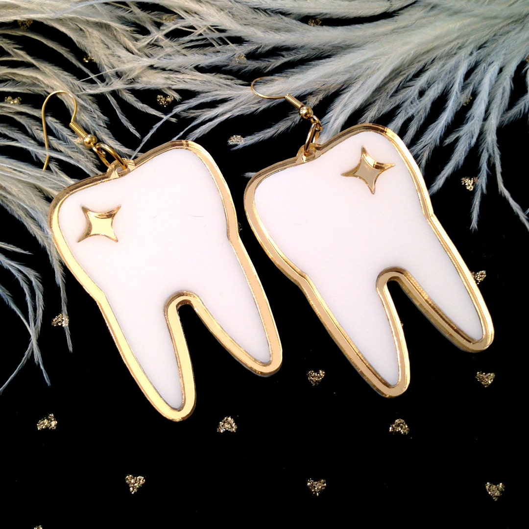 Tooth Teeth Mirrored Gold and White Earrings, Laser Cut Acrylic ...
