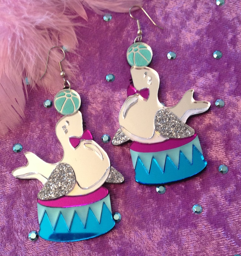 Circus Seal With Ball Earrings, Glitter Mirrored, Laser Cut Acrylic ...