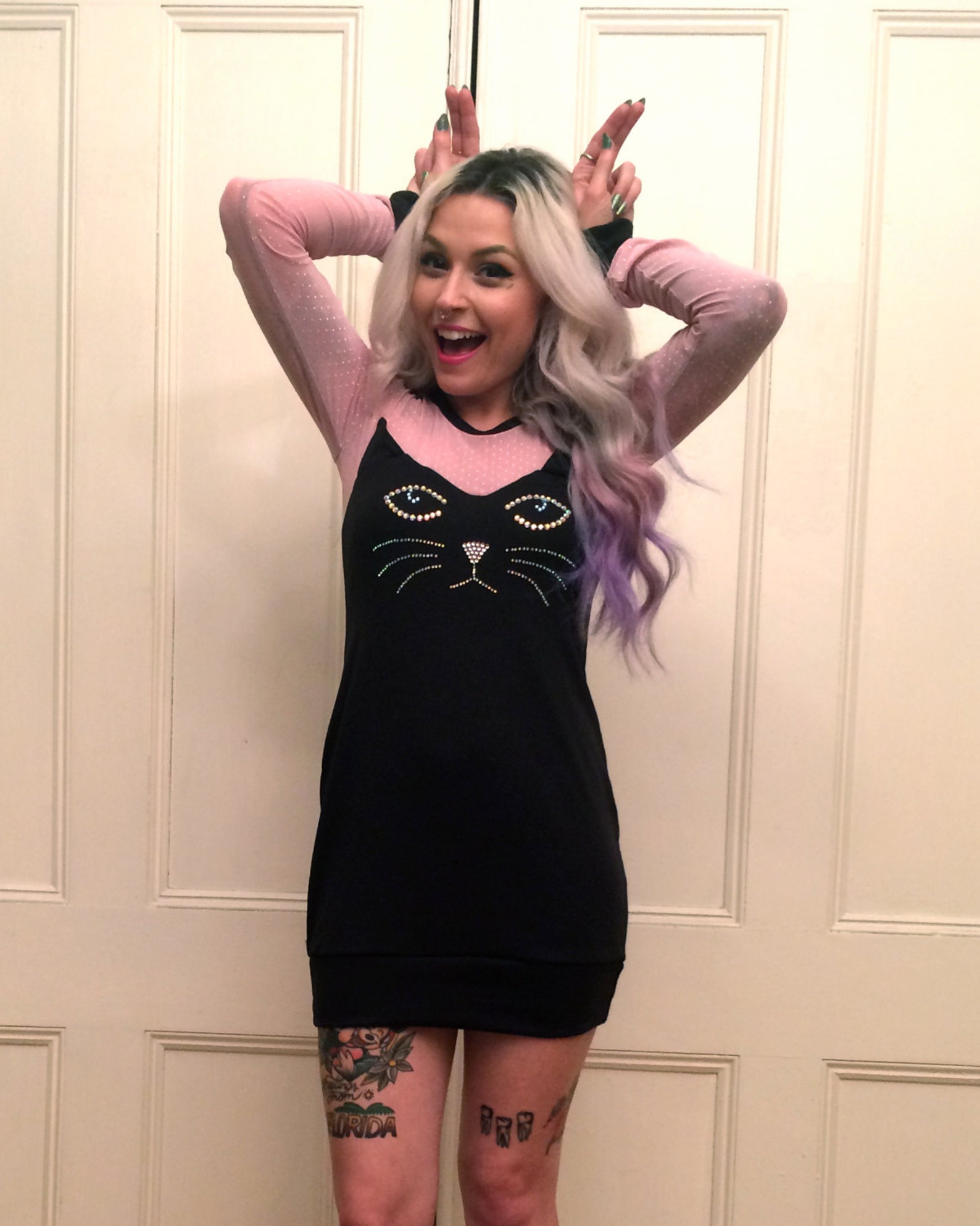 Rhinestone Cat Face Sheer Top Dress MADE TO ORDER - Etsy