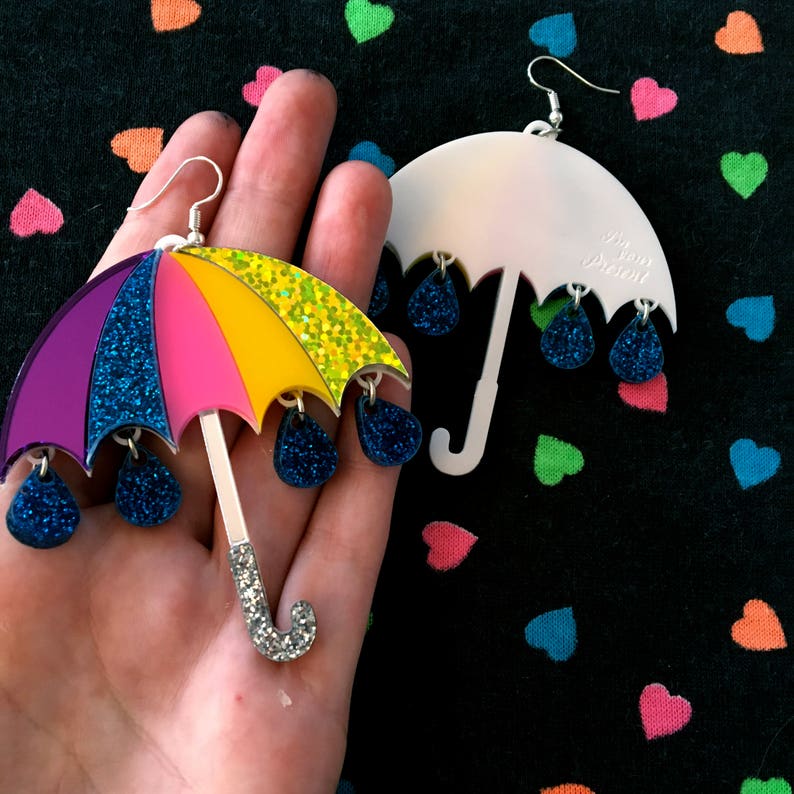 Rainbow Umbrella and Glitter Raindrop Earrings Laser Cut | Etsy