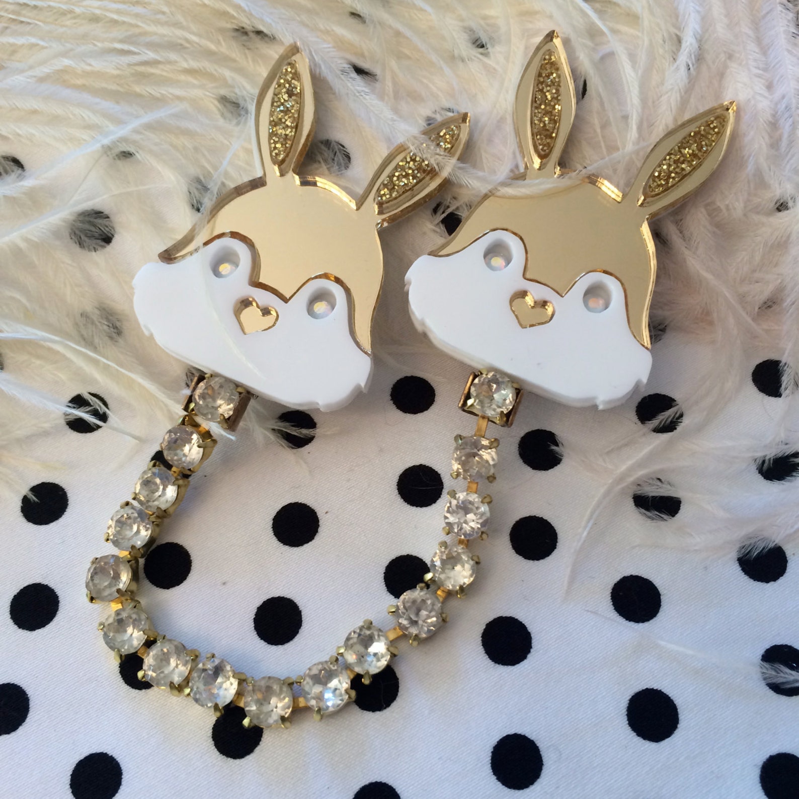 Gold and White Bunny Rabbit Head Collar Clip With Rhinestones, Laser ...