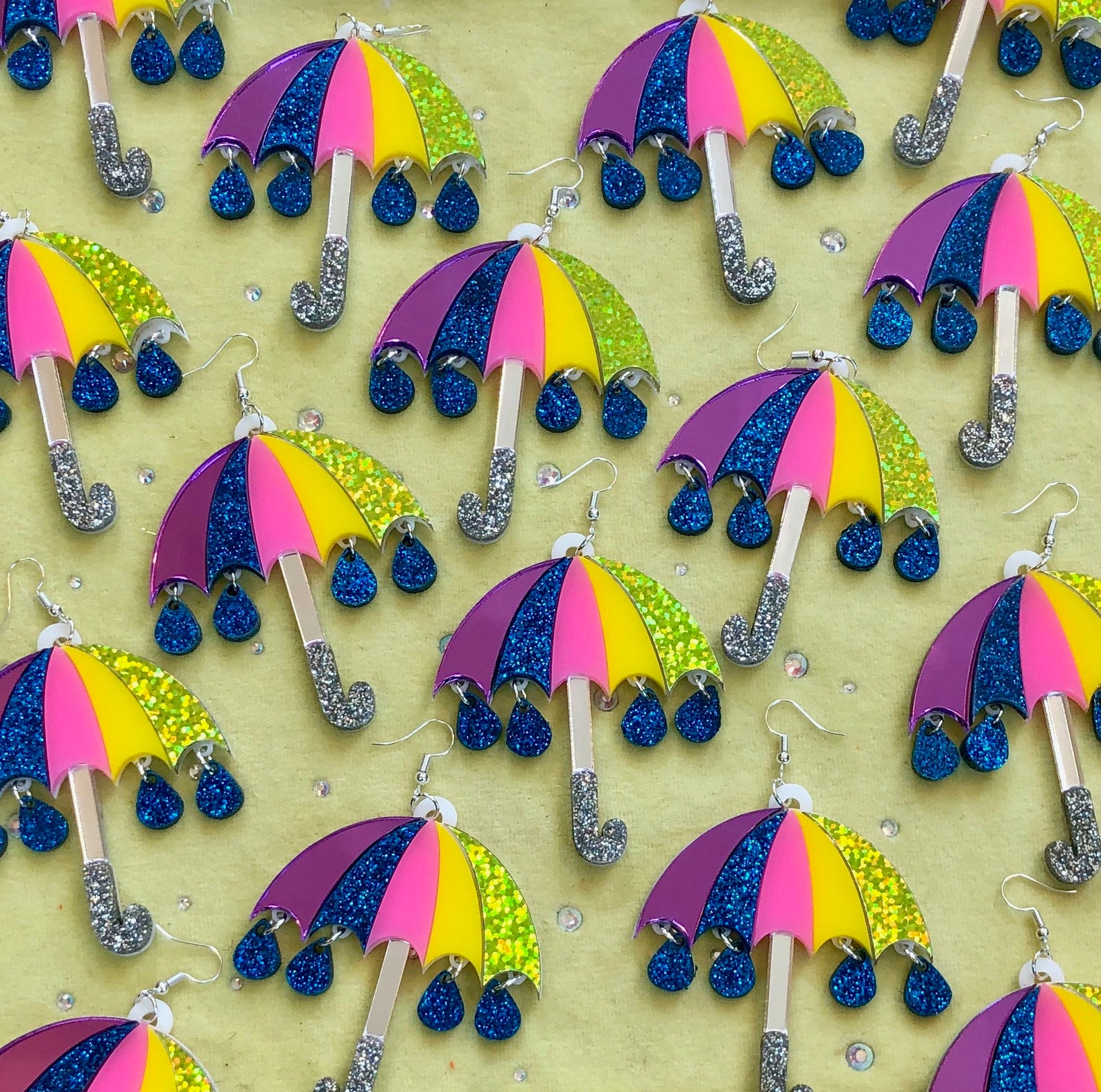Rainbow Umbrella and Glitter Raindrop Earrings Laser Cut | Etsy