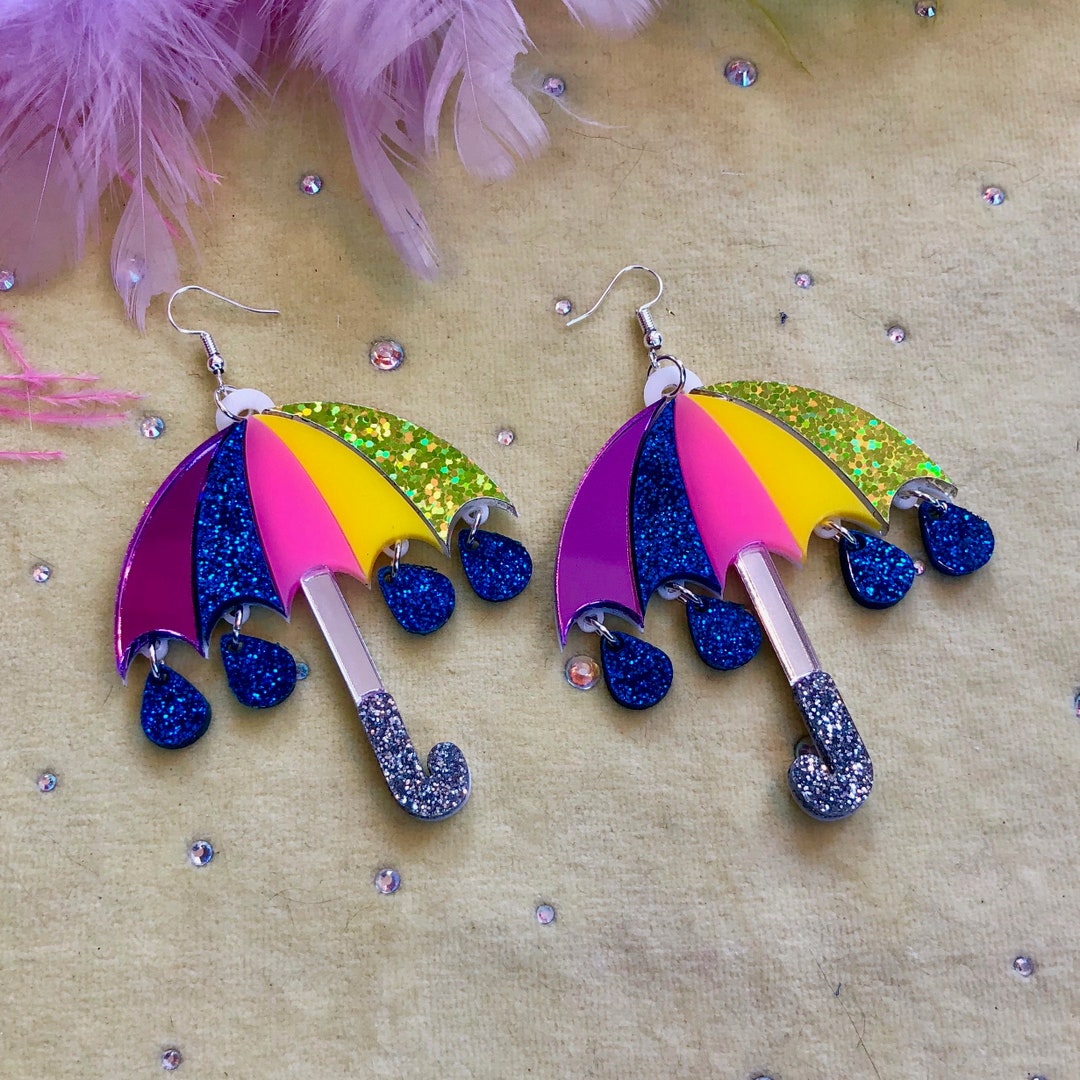 Rainbow Umbrella and Glitter Raindrop Earrings, Laser Cut Acrylic ...