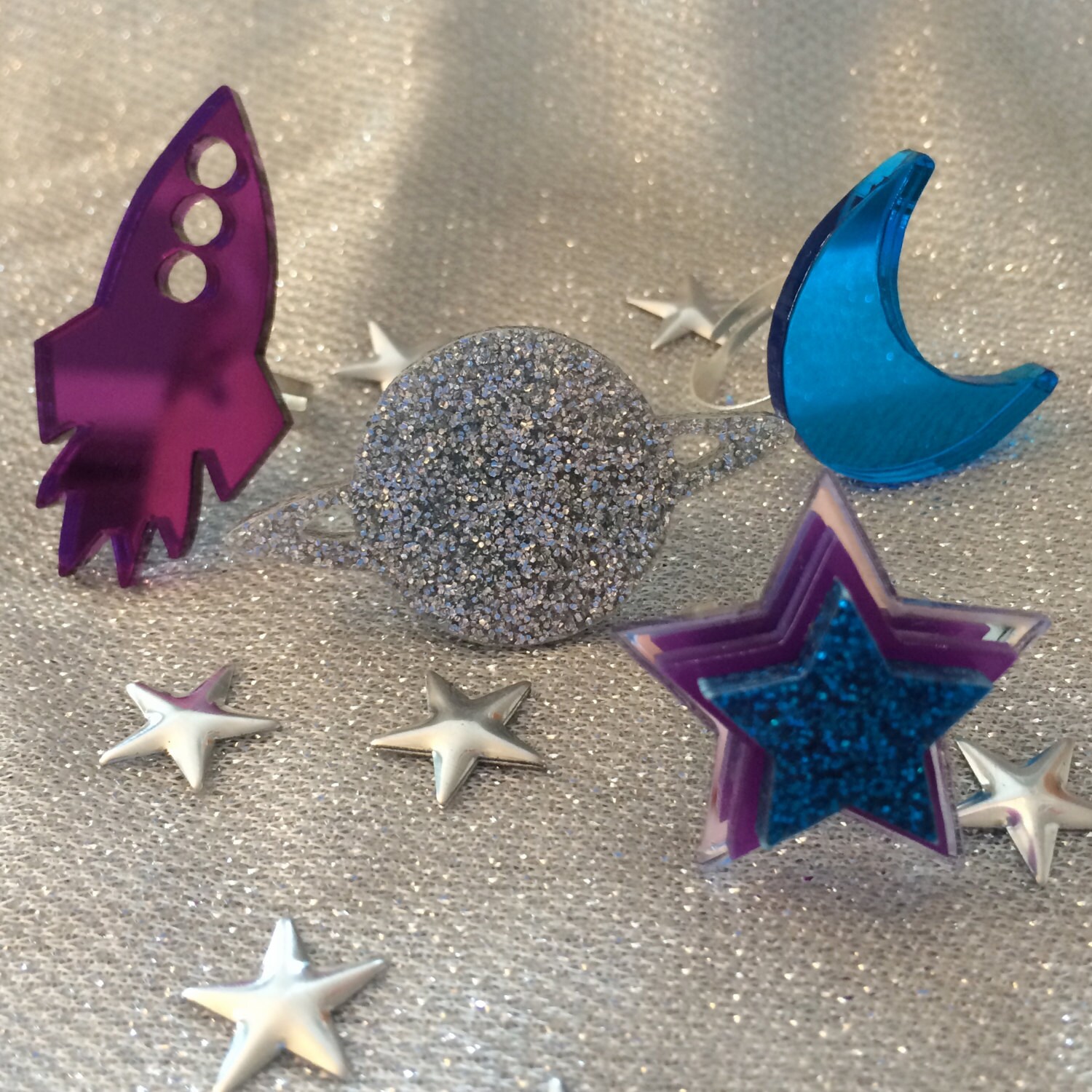 Galaxy Ring Set Moon Star Planet & Rocket Laser Cut | Etsy