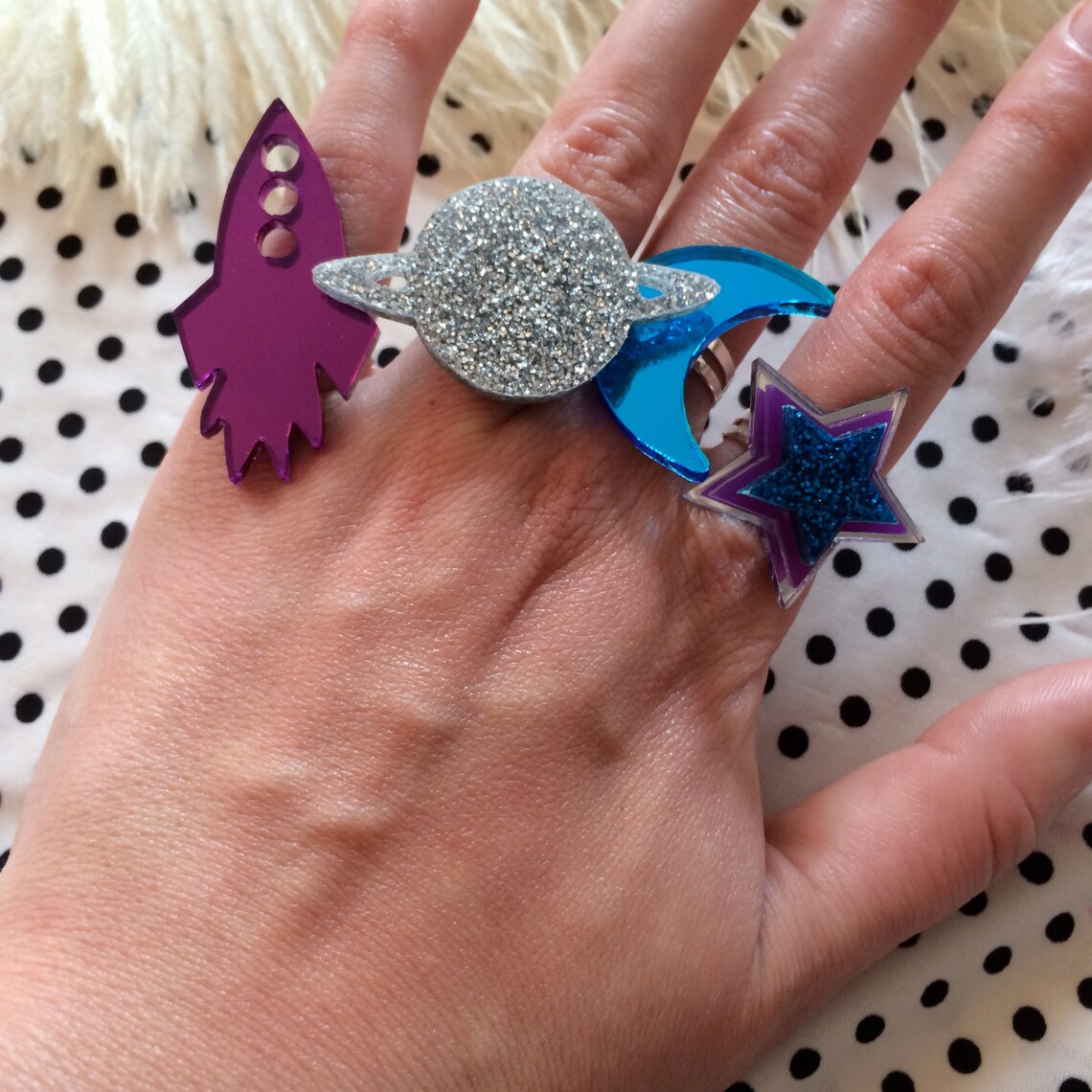 Galaxy Ring Set Moon Star Planet & Rocket Laser Cut | Etsy