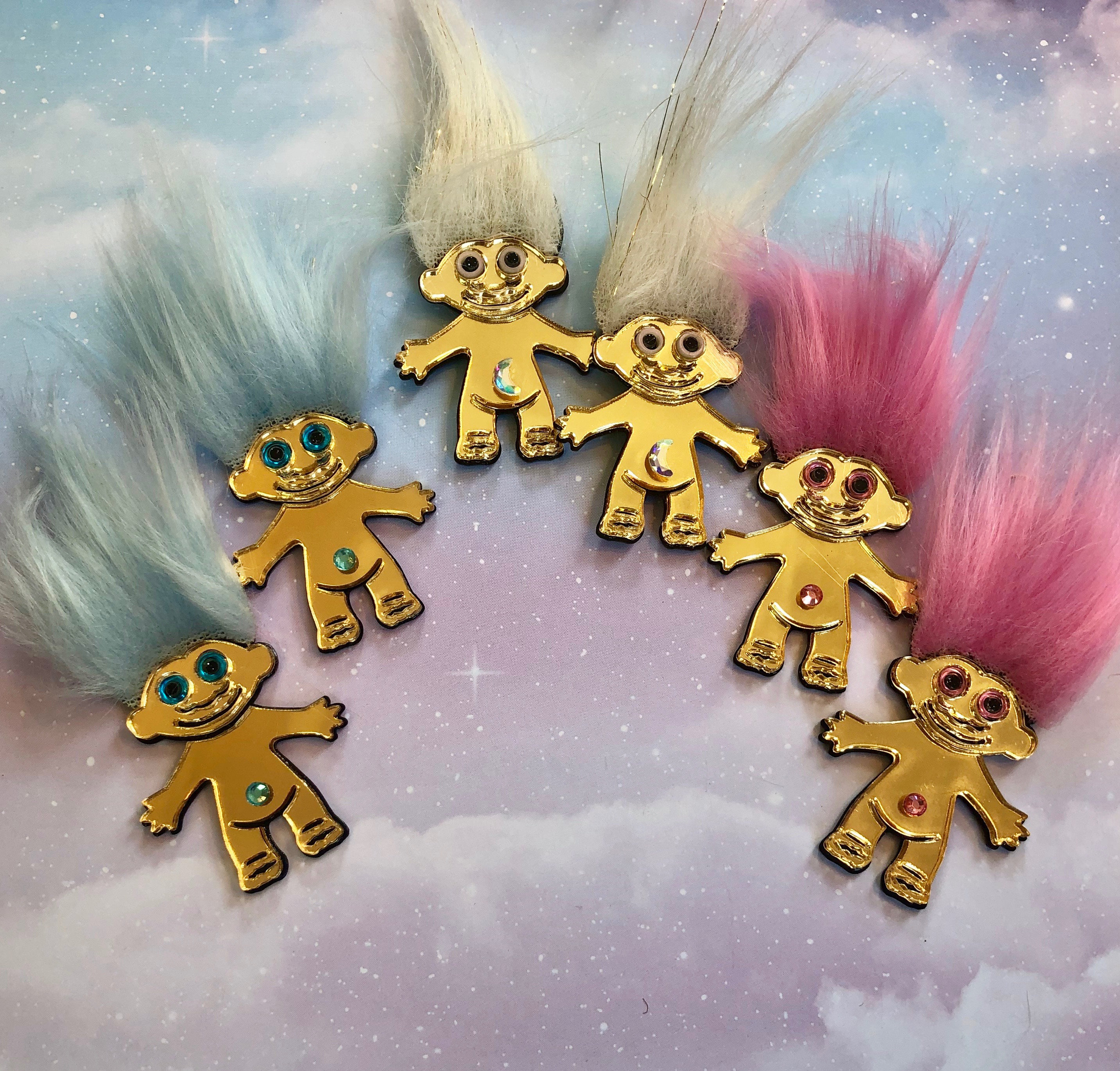 Furry Treasure Troll, Pink, White or Blue, Acrylic Laser Cut Earrings ...