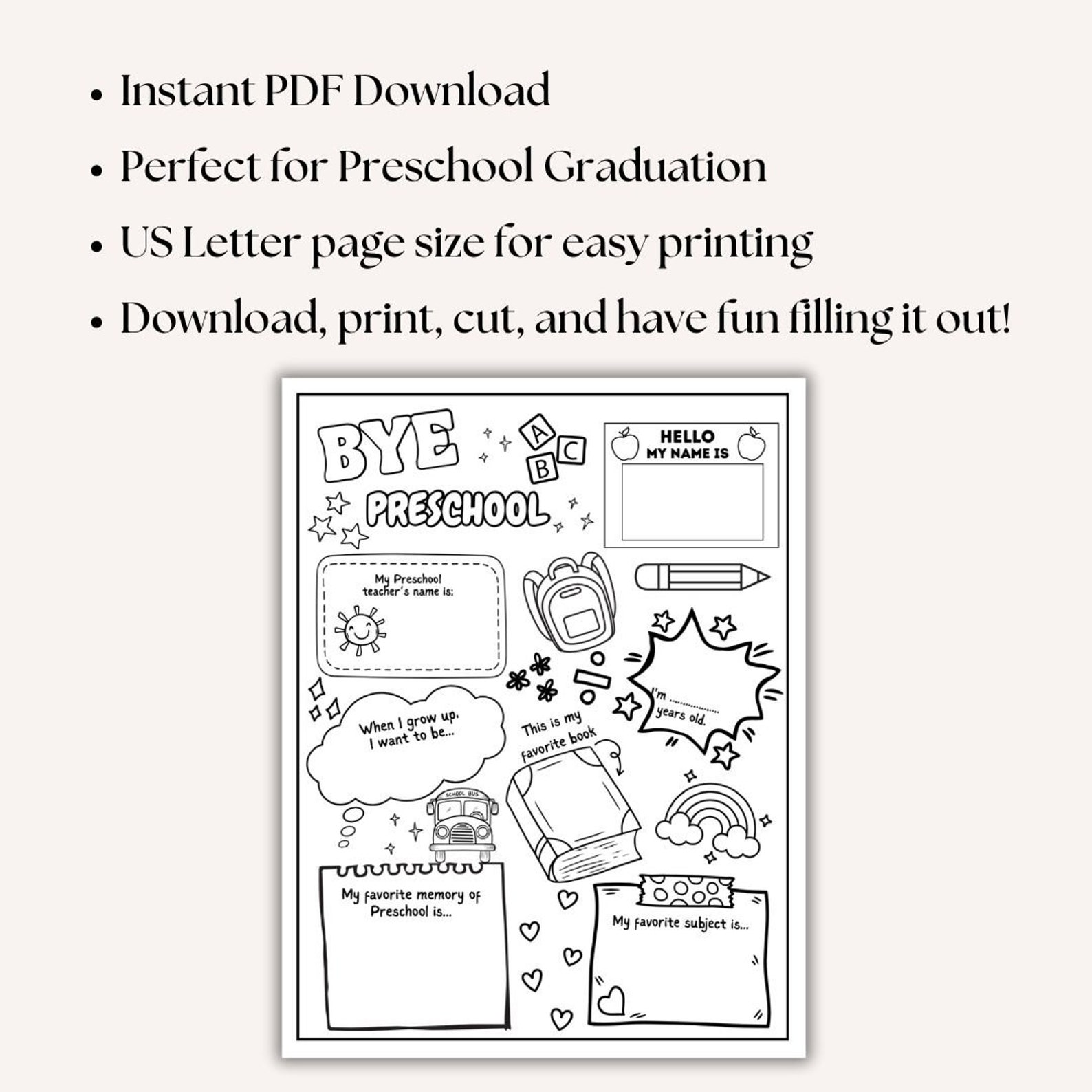 All About Me Preschool Graduation Kids Worksheet Coloring Card ...