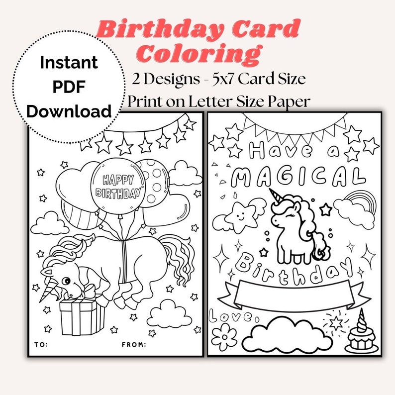 Kids Unicorn Personalized Coloring Birthday Card Printable Preschool ...