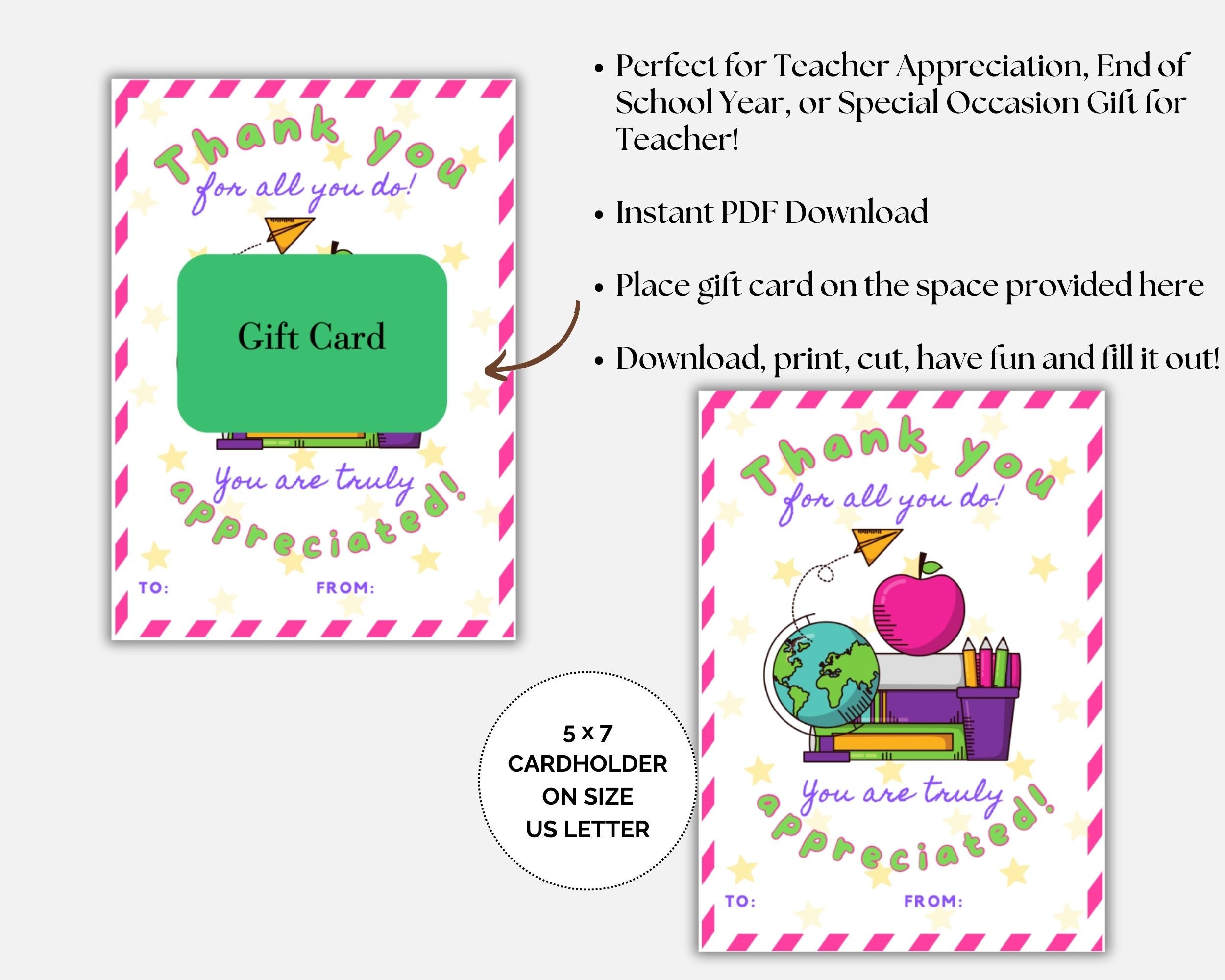 Teacher Appreciation Gift Card Holder Template Printable Thank You ...