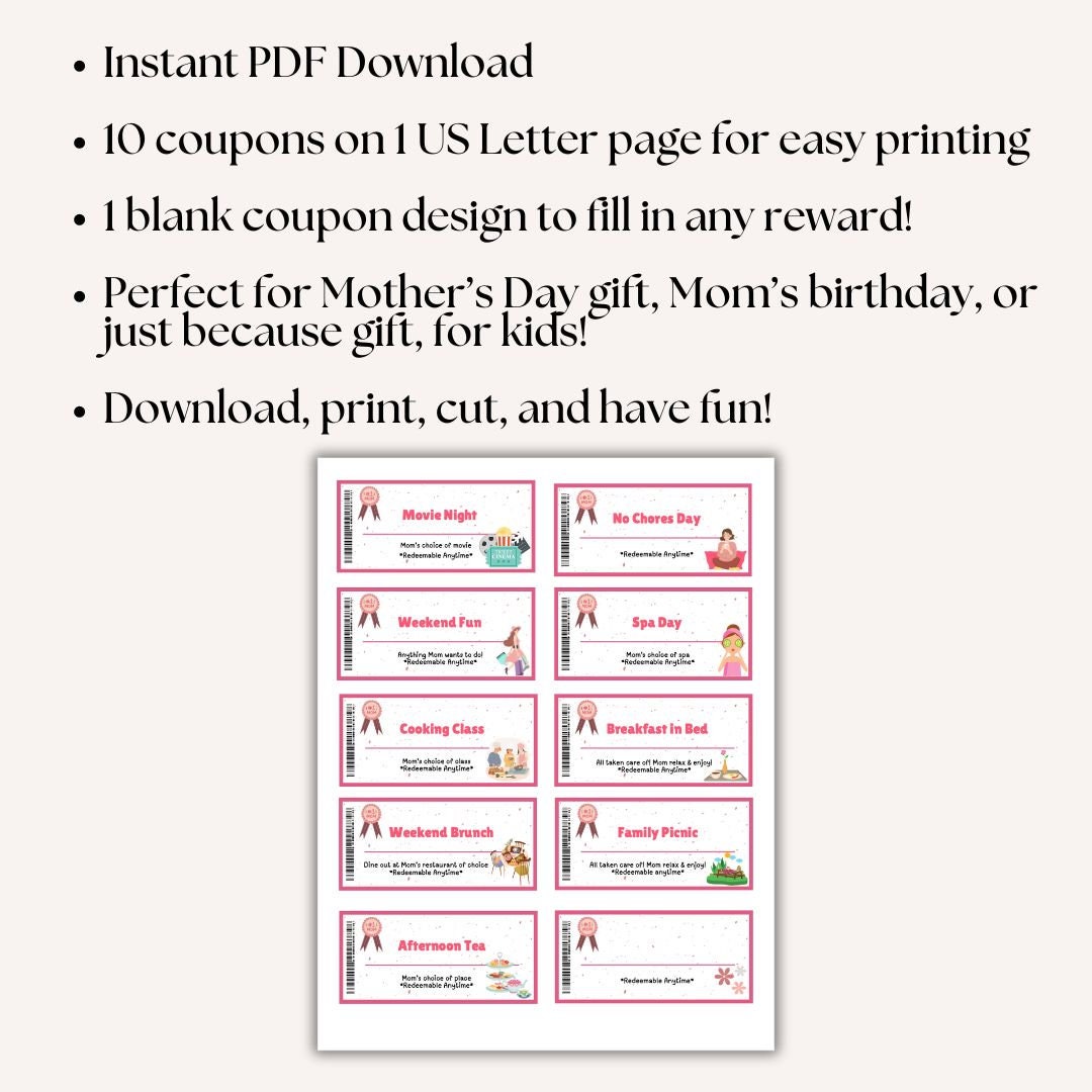 Mom Gift Reward Coupon Ideas Mothers Day Gift Ideas Printable Pdf - Etsy