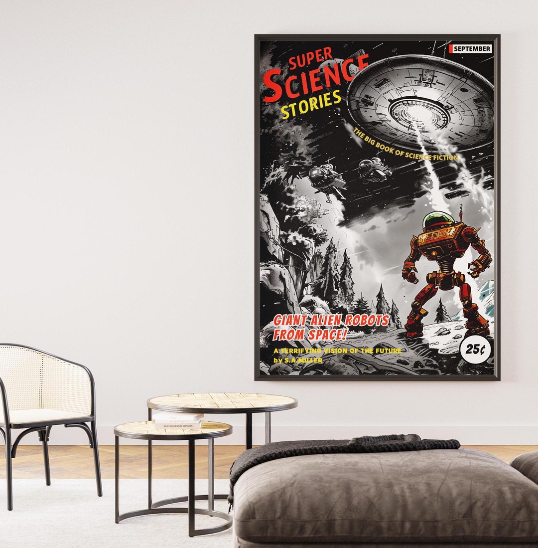 Super Science Stories Alien Robot Attacks 1950s Magazine Graphic Poster ...