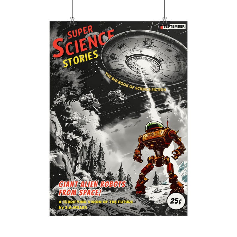 Super Science Stories Alien Robot Attacks 1950s Magazine Graphic Poster ...