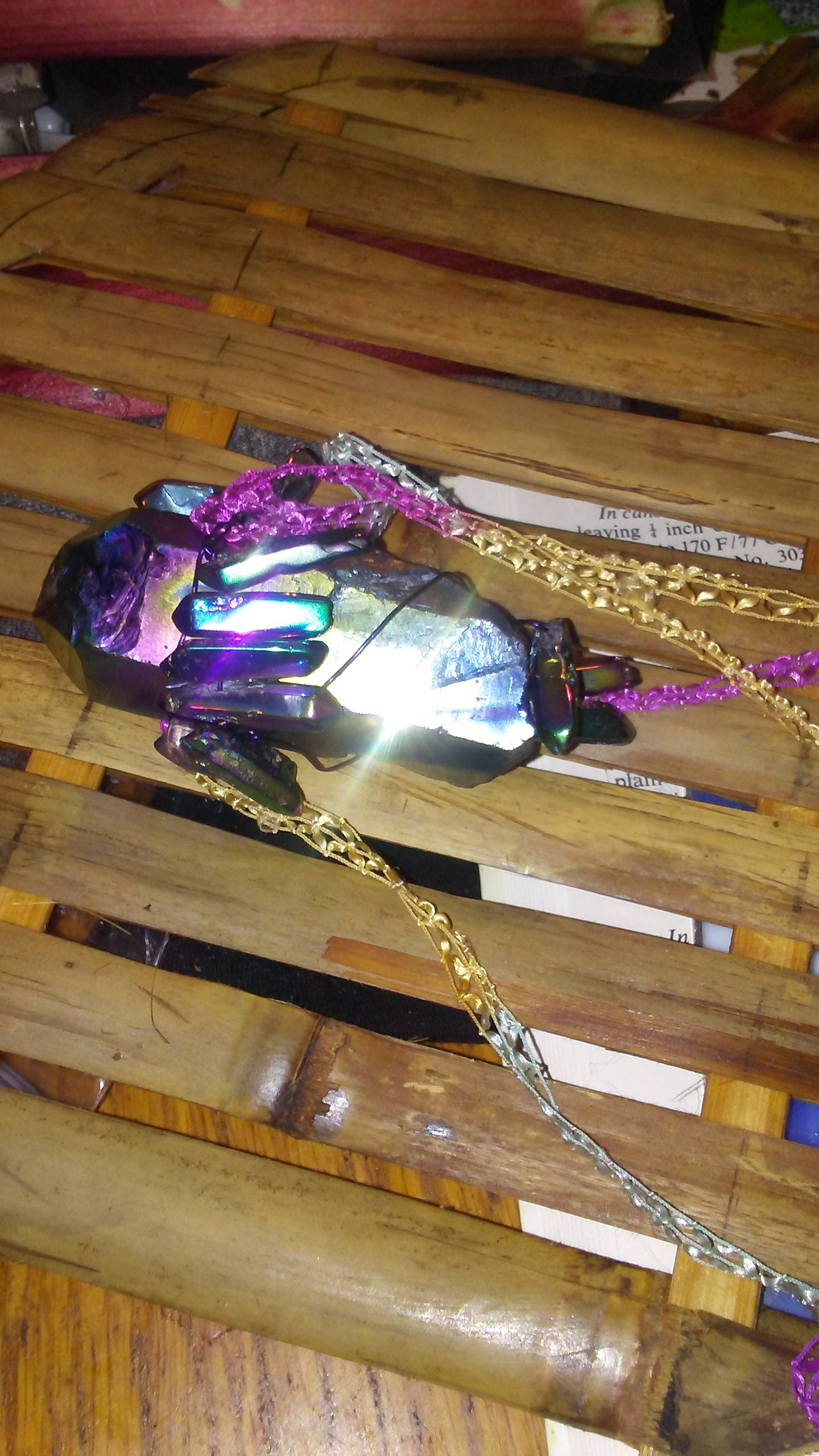 Rainbow Aura Bismuth Crystal Pipe on Rainbow Ribbon -- Wear Your Pipe ...