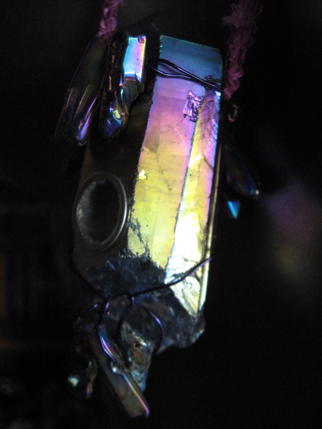 Rainbow Aura Bismuth Crystal Pipe on Rainbow Ribbon -- Wear Your Pipe ...