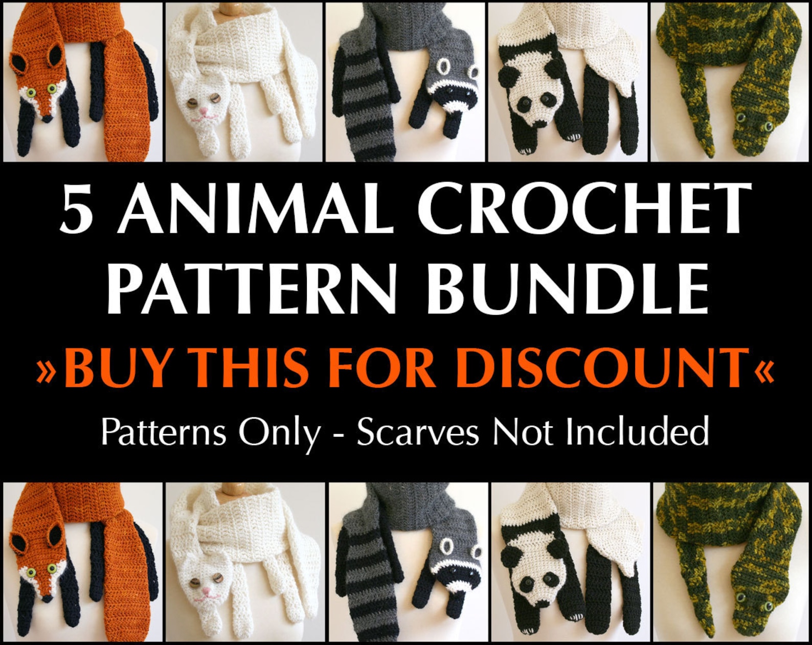 Digital PDF Crochet Pattern Bundle - 5 Crochet Patterns for Animal ...