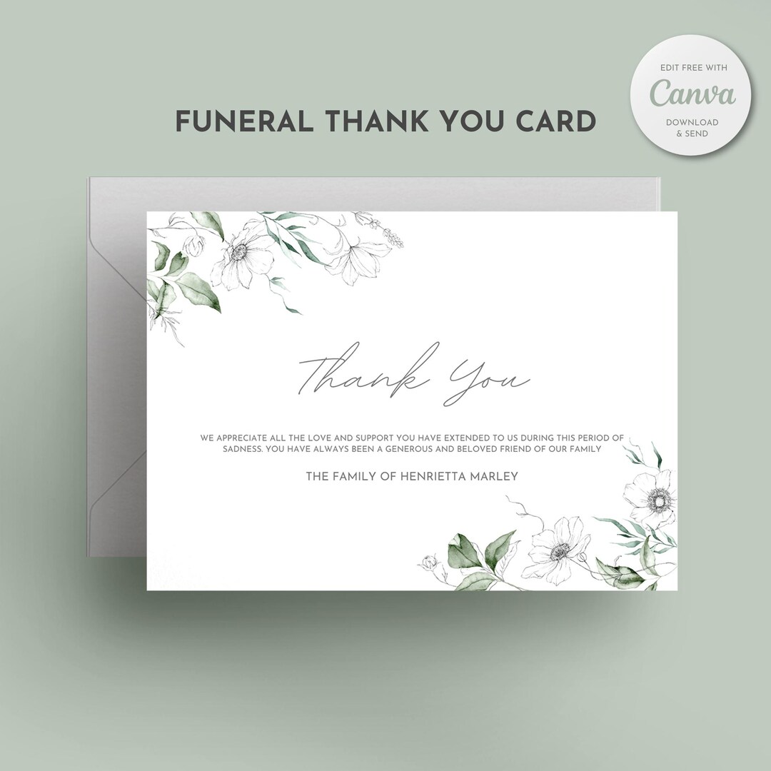 Elegant Funeral Thank You Note Digital Template, Editable Memorial ...