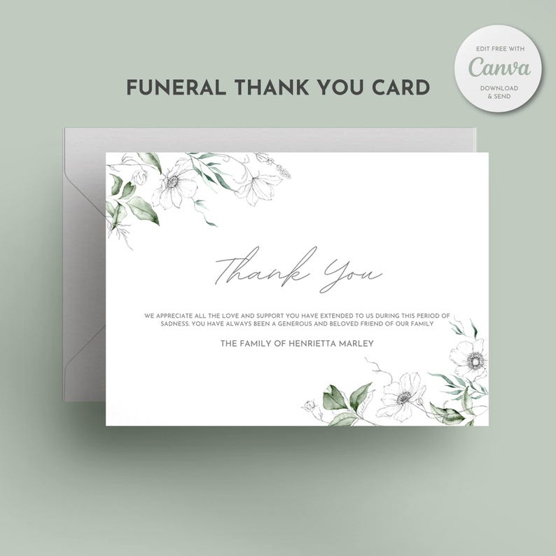 Elegant Funeral Thank You Note Digital Template, Editable Memorial ...