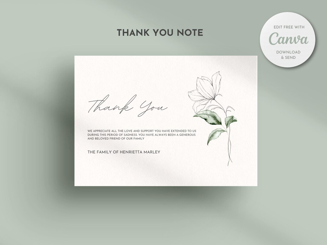 Elegant Funeral Thank You Note Digital Template, Editable Memorial ...