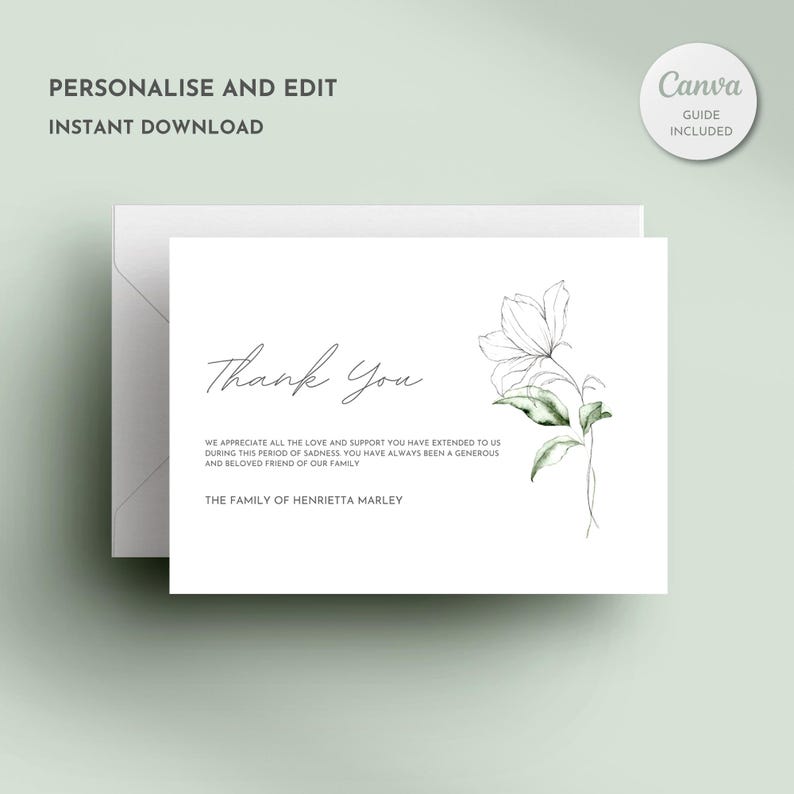 Elegant Funeral Thank You Note Digital Template, Editable Memorial ...