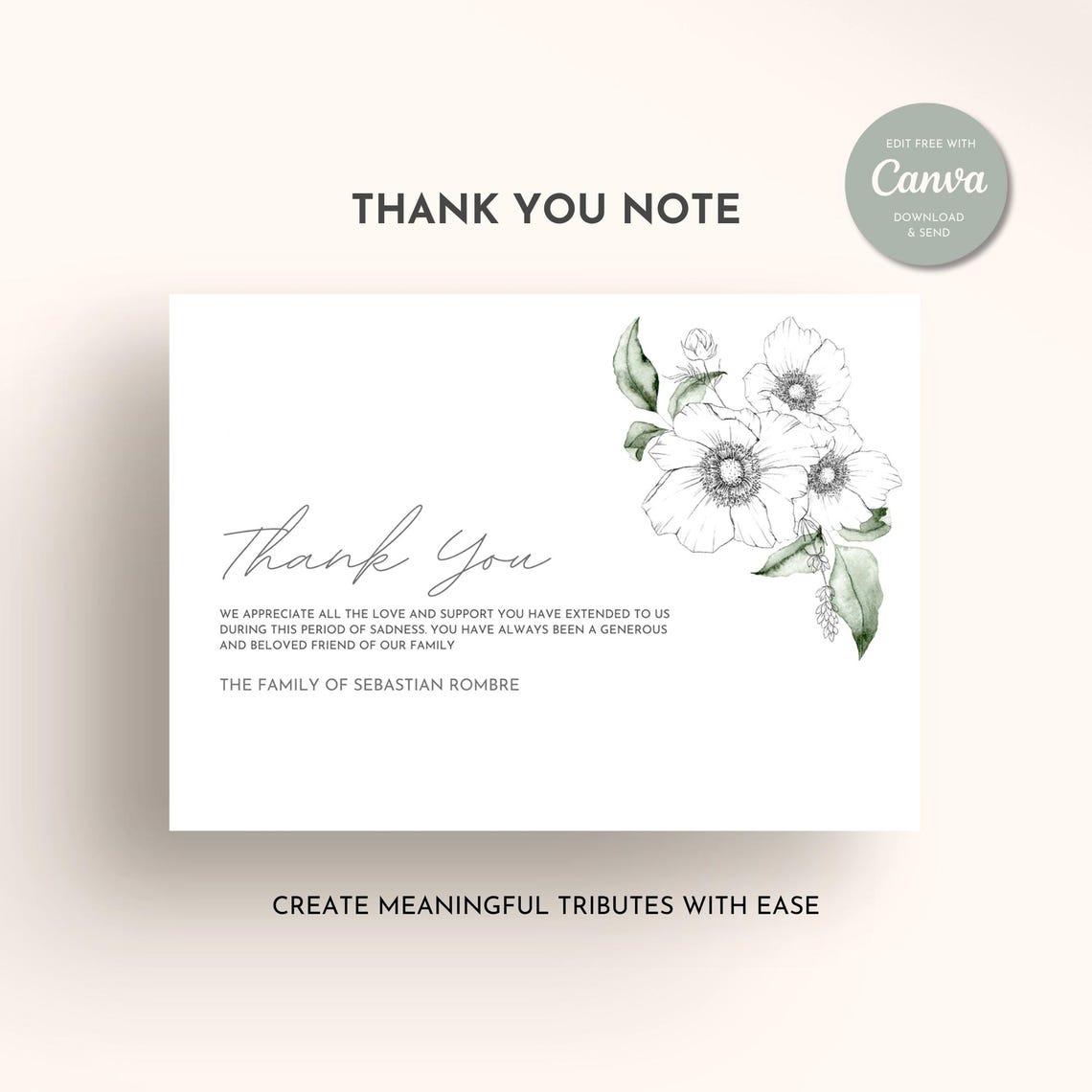Elegant Funeral Thank You Note Digital Template, Editable Memorial ...