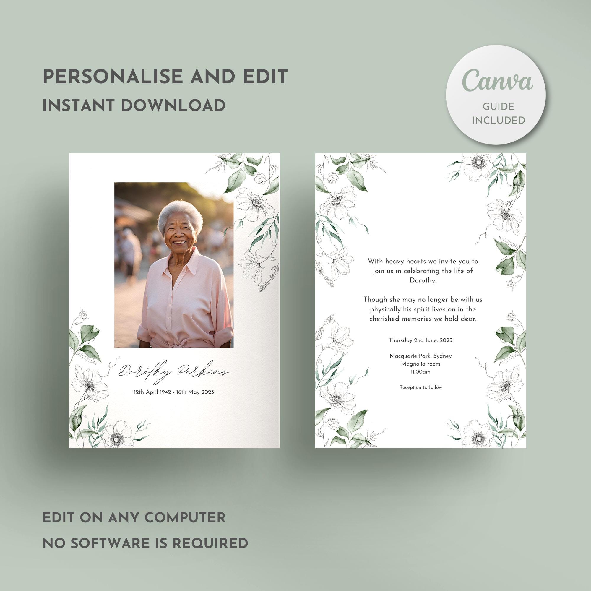 Digital Funeral Invitation With Photo, Celebration of Life, Editable ...