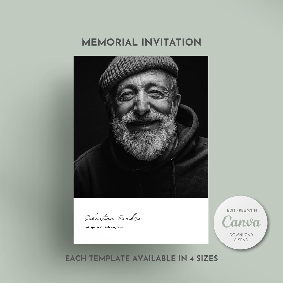 Digital Funeral Invitation With Photo, Celebration of Life, Editable ...