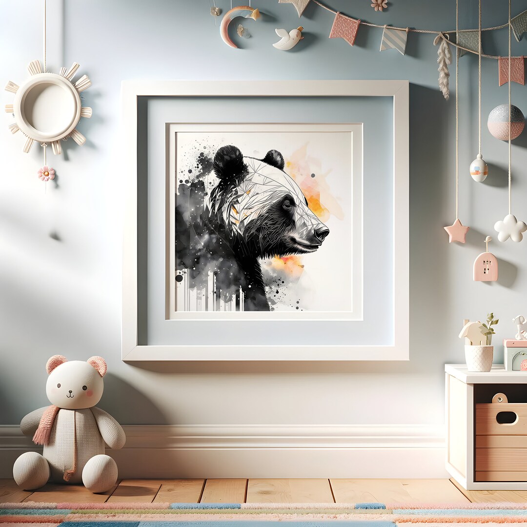 Modern Panda Art Print, Geometric Panda Wall Art, Black and White ...