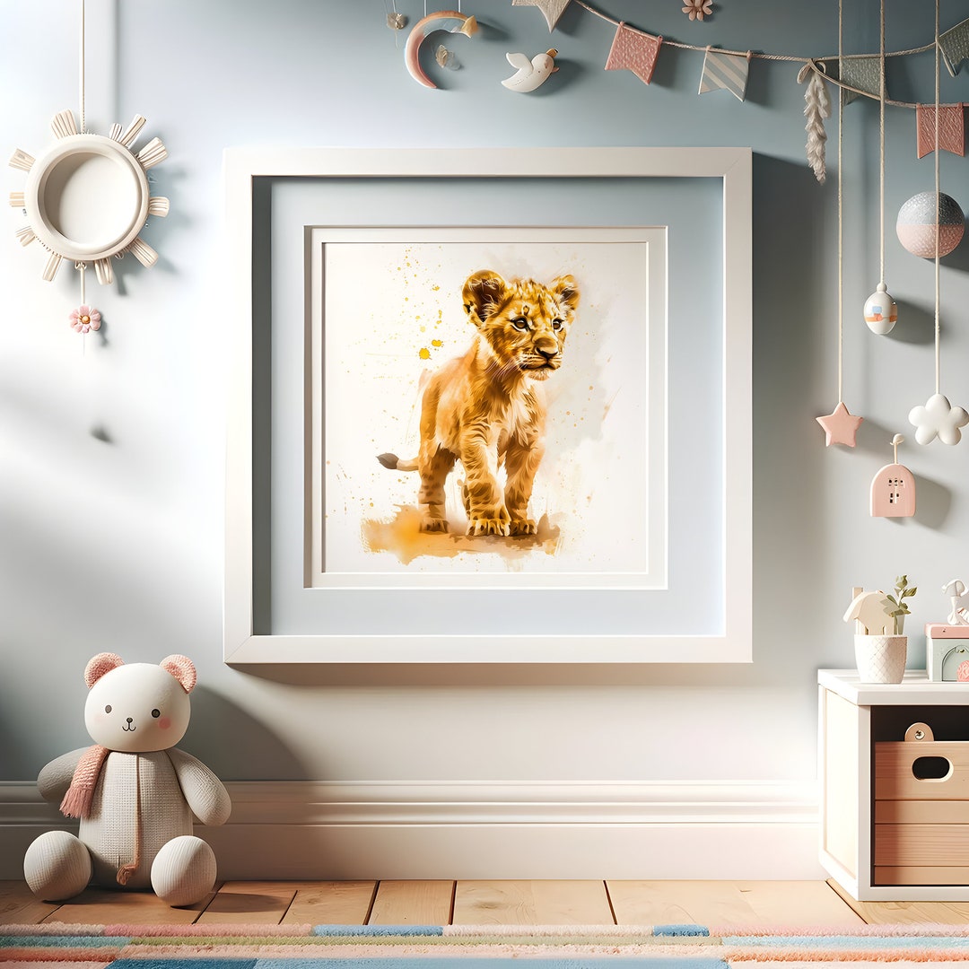 Adorable Lion Cub Watercolor Print, Cute Animal Nursery Wall Art, Baby ...