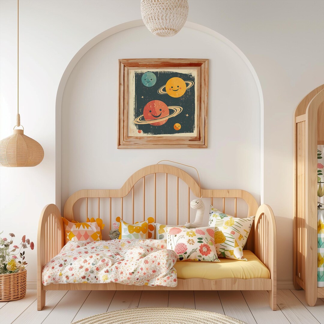 Vintage Smiling Planets Digital Print, Retro Space Nursery Wall Art ...