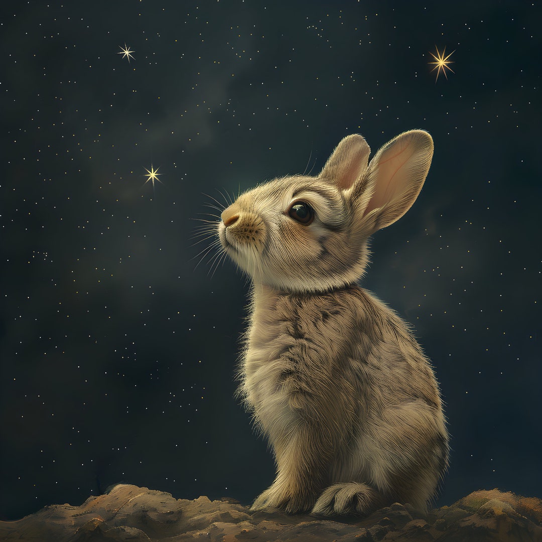 Adorable Bunny Starry Night Print, Cute Animal Nursery Wall Art, Rabbit ...