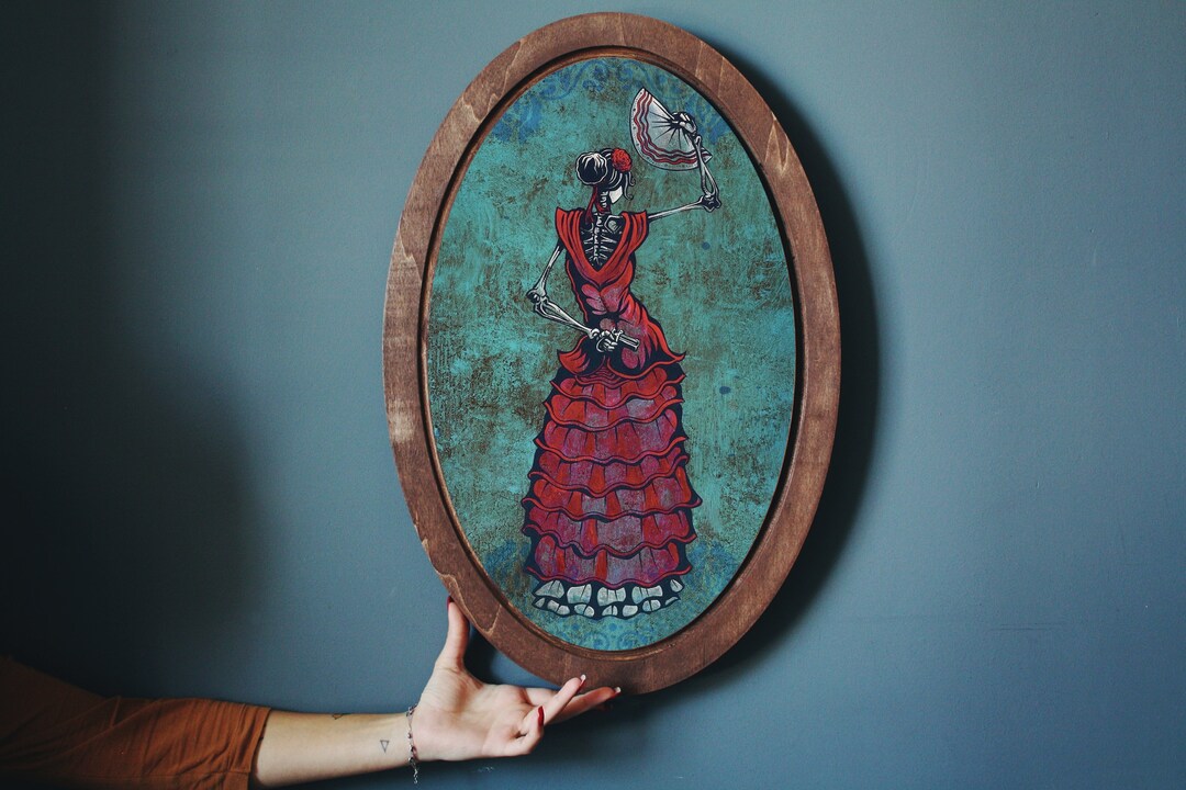 Bailaora Skeleton Painting: Gothic Flamenco Art, Wooden Oval Wall ...