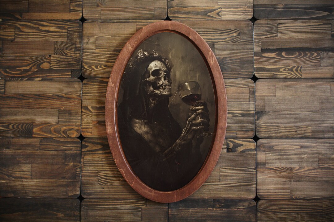 Gothic Skeleton Portrait: Female With Wine,oval Wood Wall Plaque,wooden ...