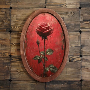 Red Rose Painting,vintage Rose Art,wooden Wall Plaque,vintage Wall ...
