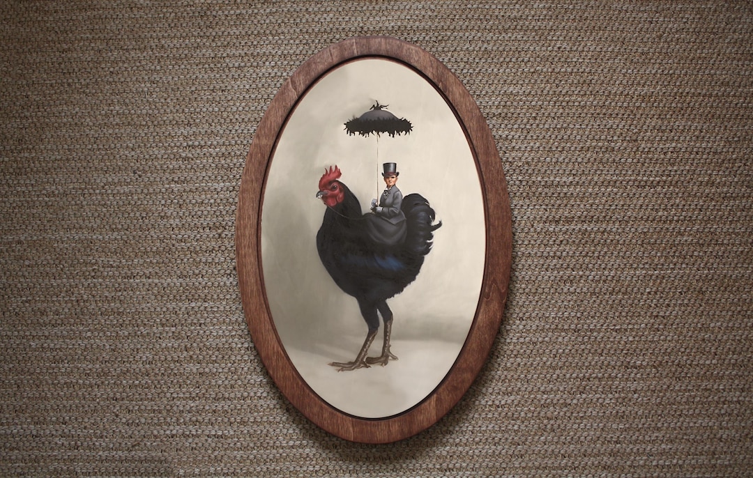 Man Riding Chicken Painting: Vintage Oval Wooden Wall Plaque,oval Wall ...