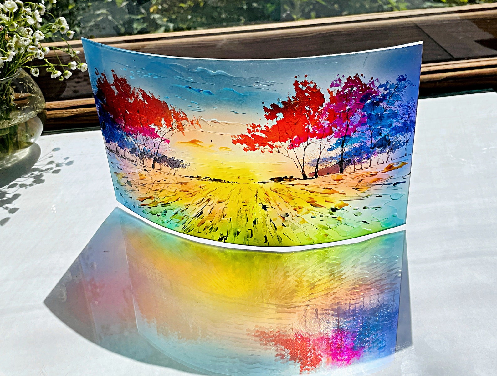 Glass Curve Painting Nature Free Standing Glass Screen Stained Glass ...