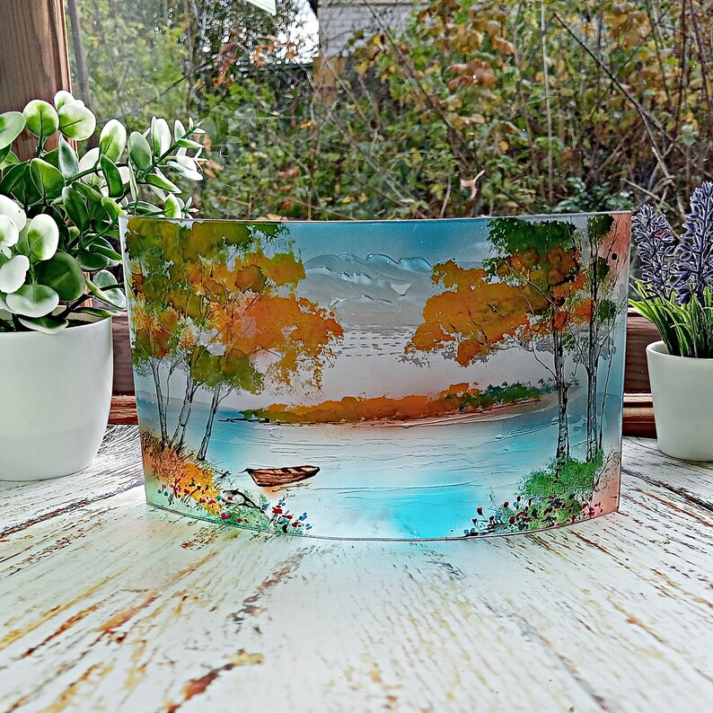 Glass Curve Painting Nature Free Standing Glass Screen Stained Glass ...