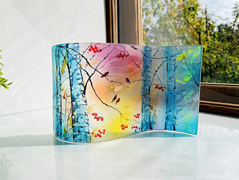 Hand-painted Fused Glass Art, Free Standing Nature Scene, Sun Catcher ...