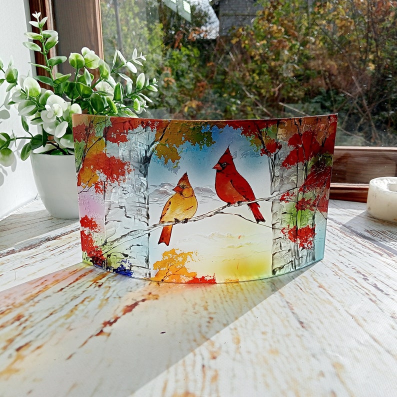 Glass Curve Painting Cardinal Bird Free Standing Glass Screen Stained ...