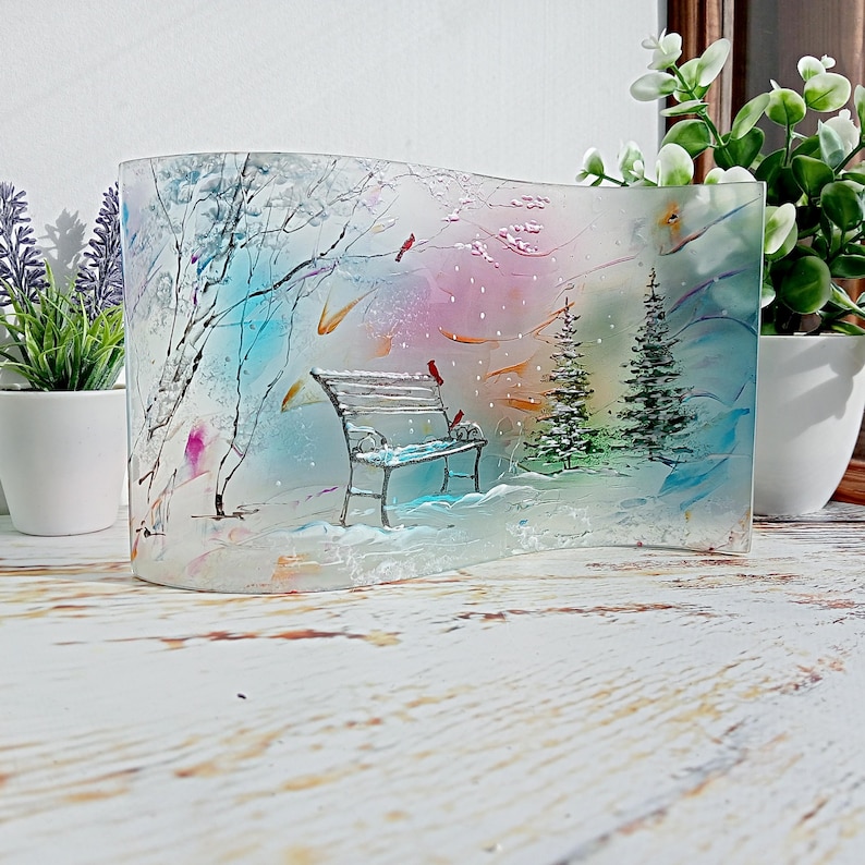 Hand-painted Winter Scene Glass Panel, Fused Glass Art Suncatcher - Etsy