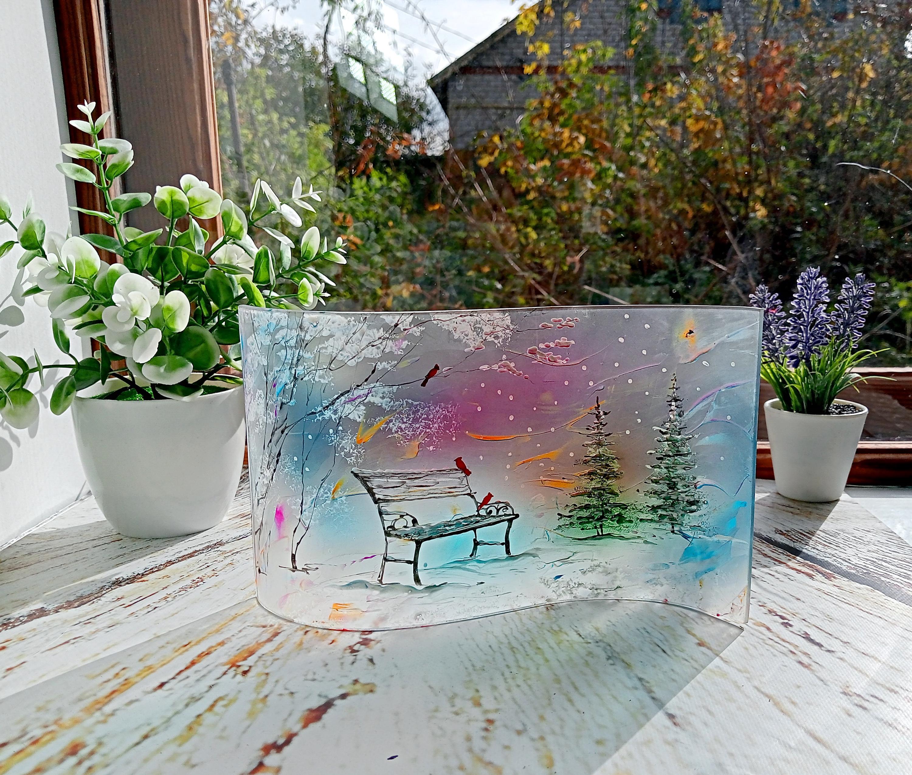 Hand-painted Winter Scene Glass Panel, Fused Glass Art Suncatcher - Etsy