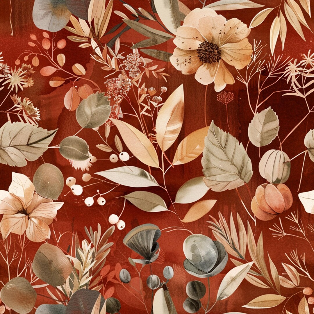 Watercolor Floral Pattern – Rust Botanical Design (300dpi JPG) - Etsy