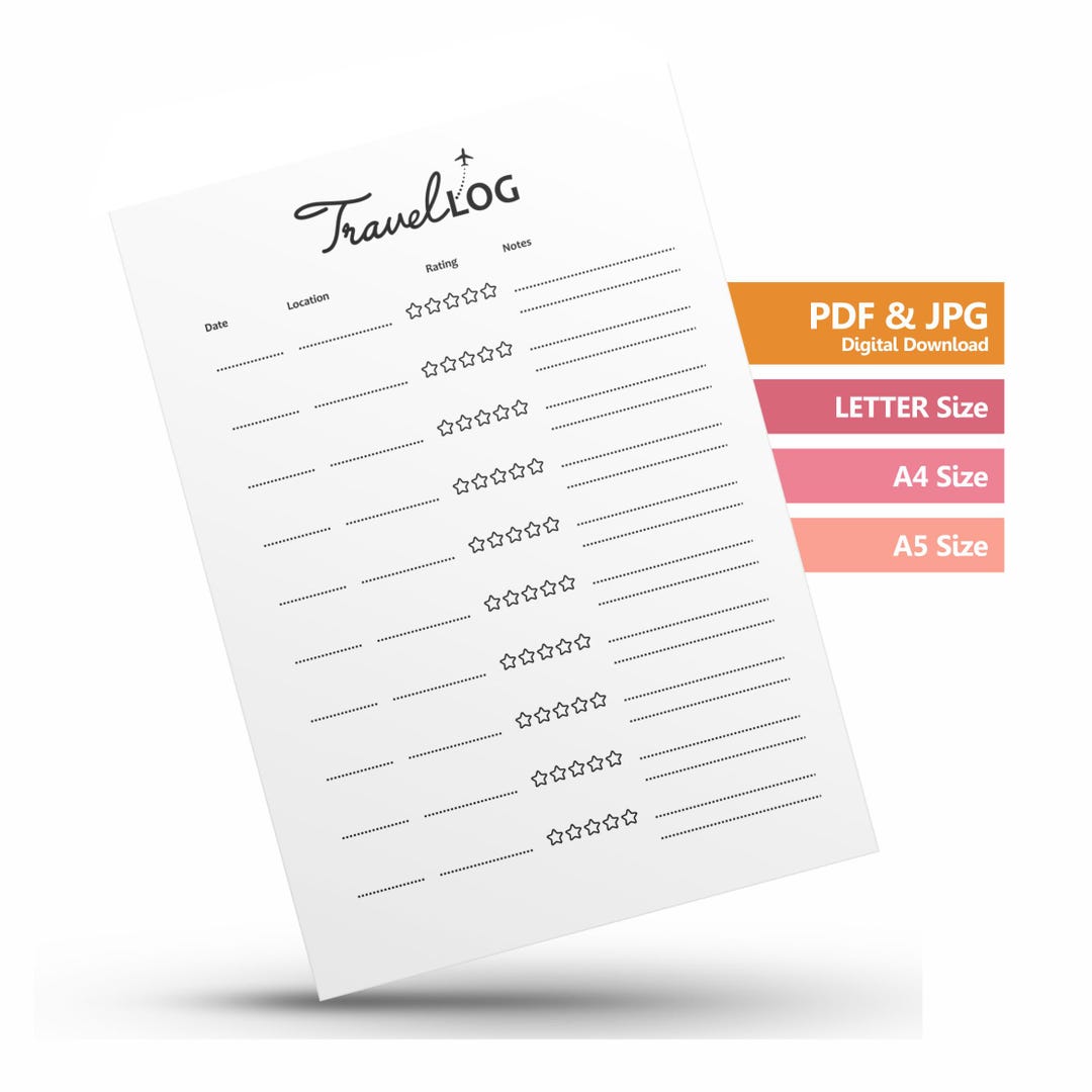 Travel Log Printable: Trip Tracker Journal (PDF & JPG Files, A4/a5 ...