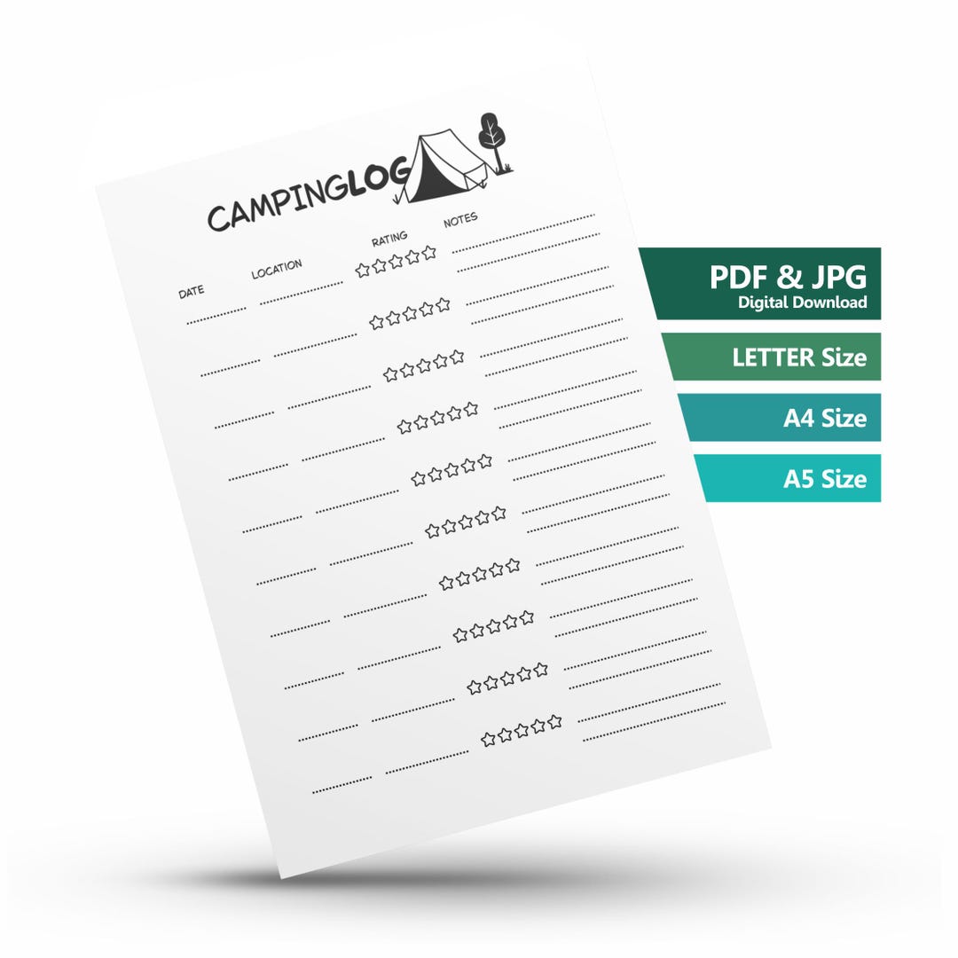 Printable Camping Log: Campsite Adventure Record (PDF & JPG Files, A4 ...