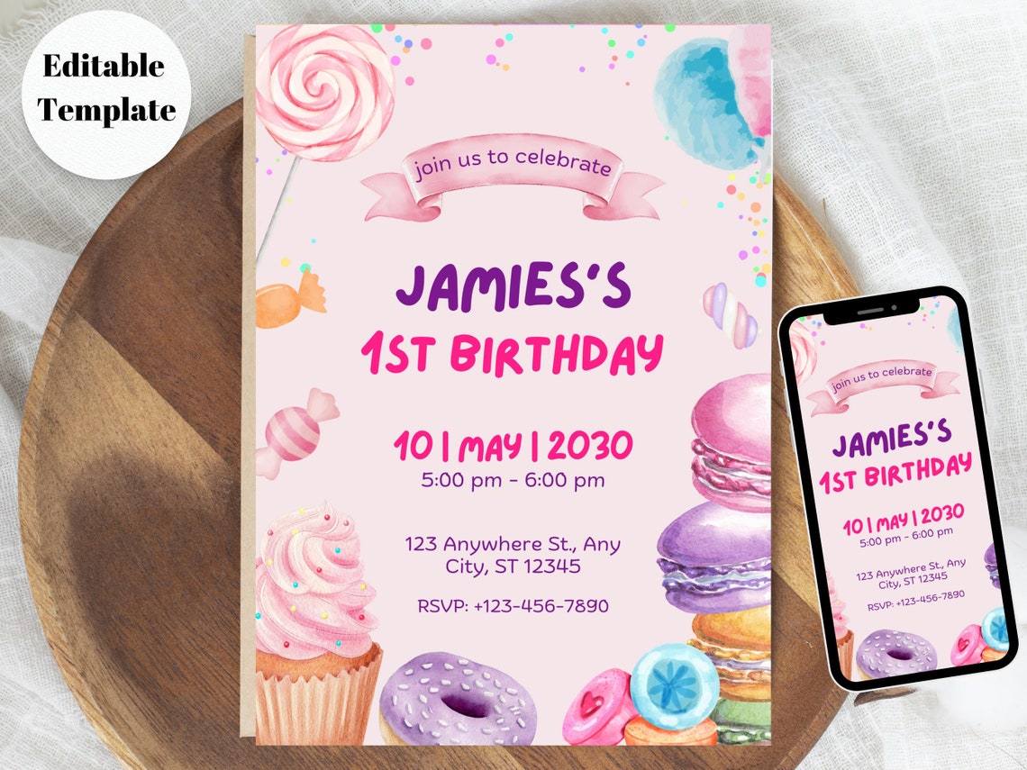 Editable Sweets Candy Invitation Template, Sweet Candy Birthday ...