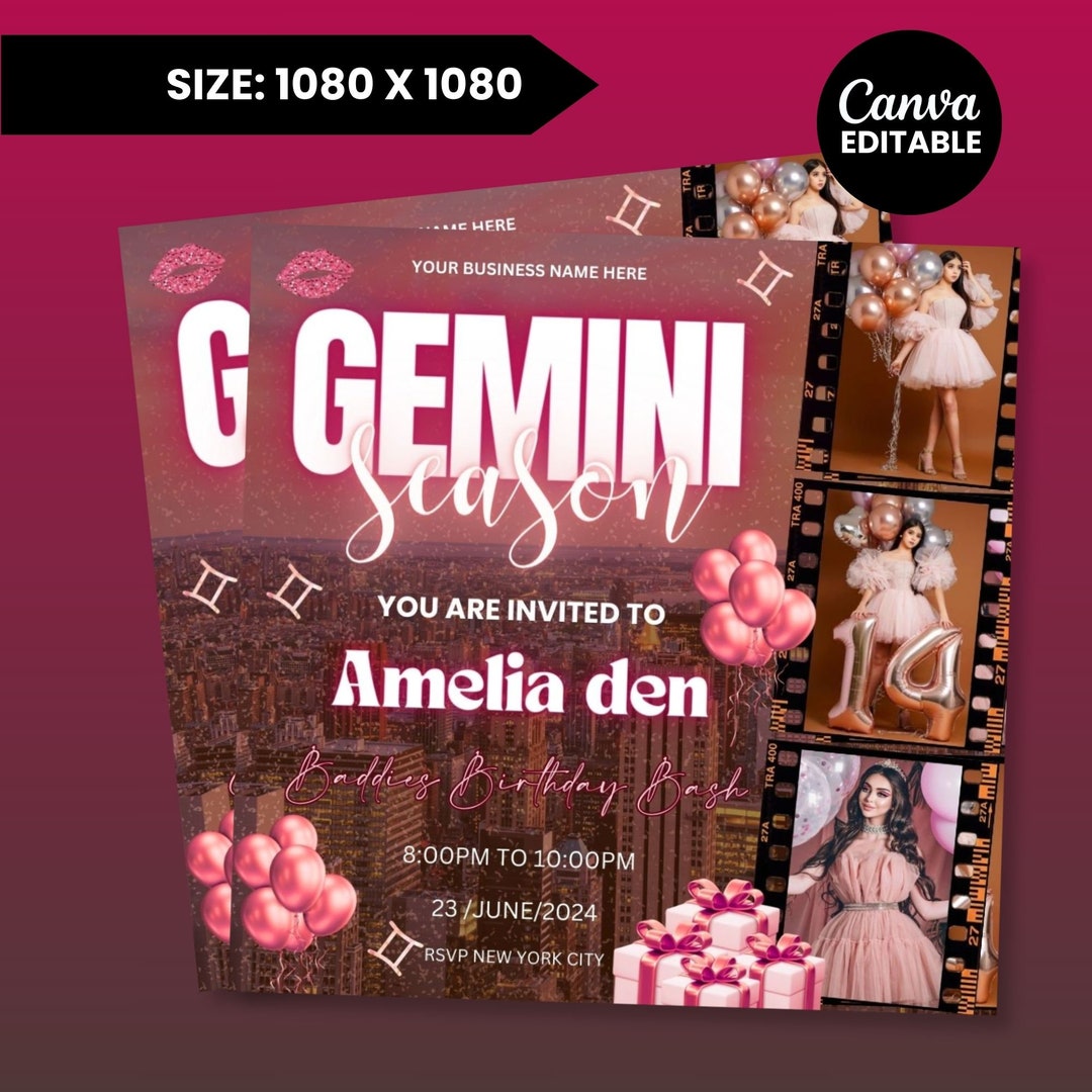 Gemini Birthday Flyer, Gemini Bash Flyer, Birthday Invite, Birthday ...