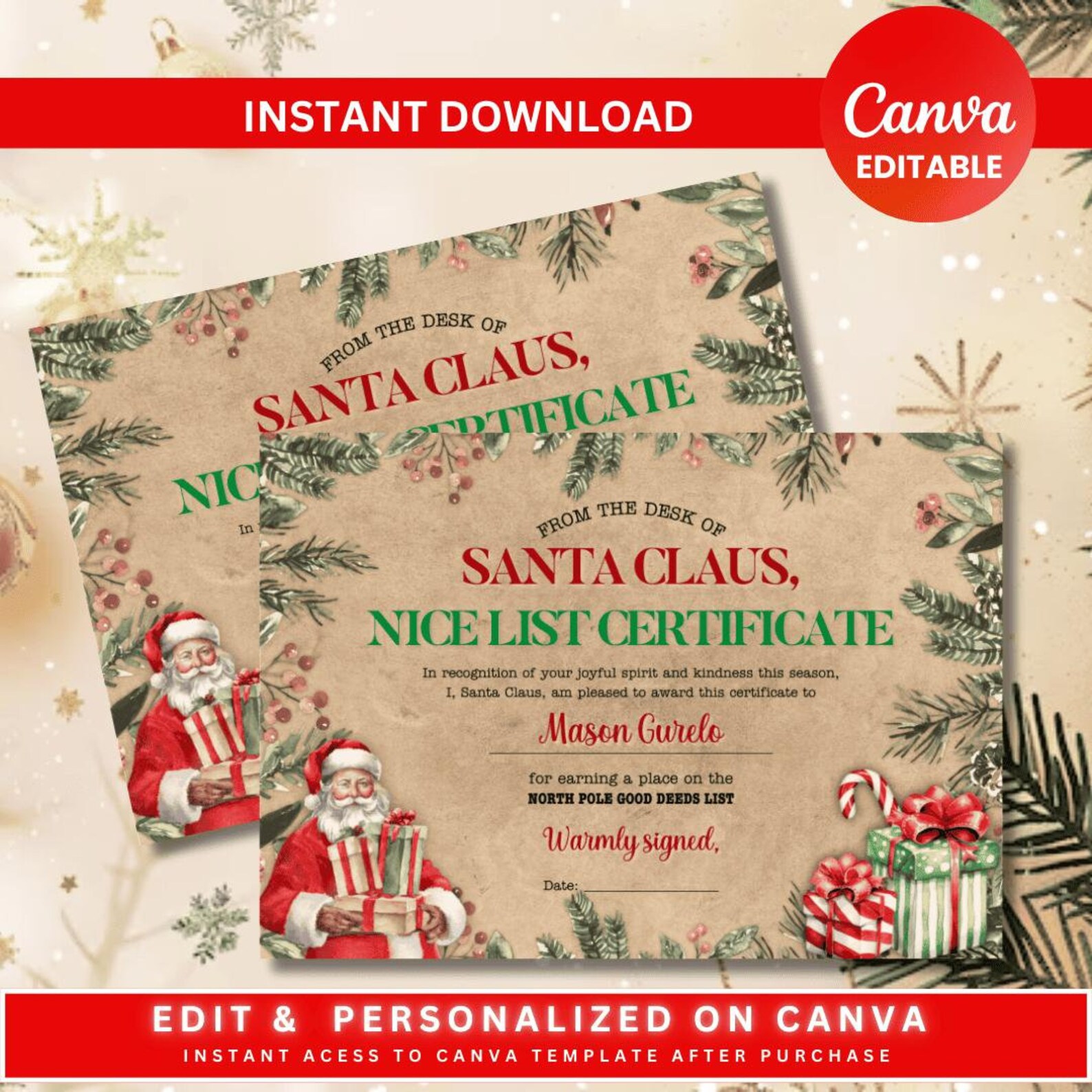 Editable Santa Claus Official Nice List Certificate, Letter From Desk ...