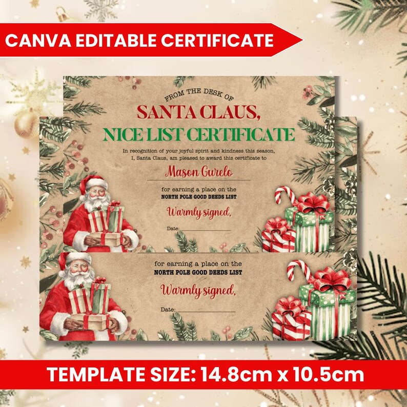 Editable Santa Claus Official Nice List Certificate, Letter From Desk ...