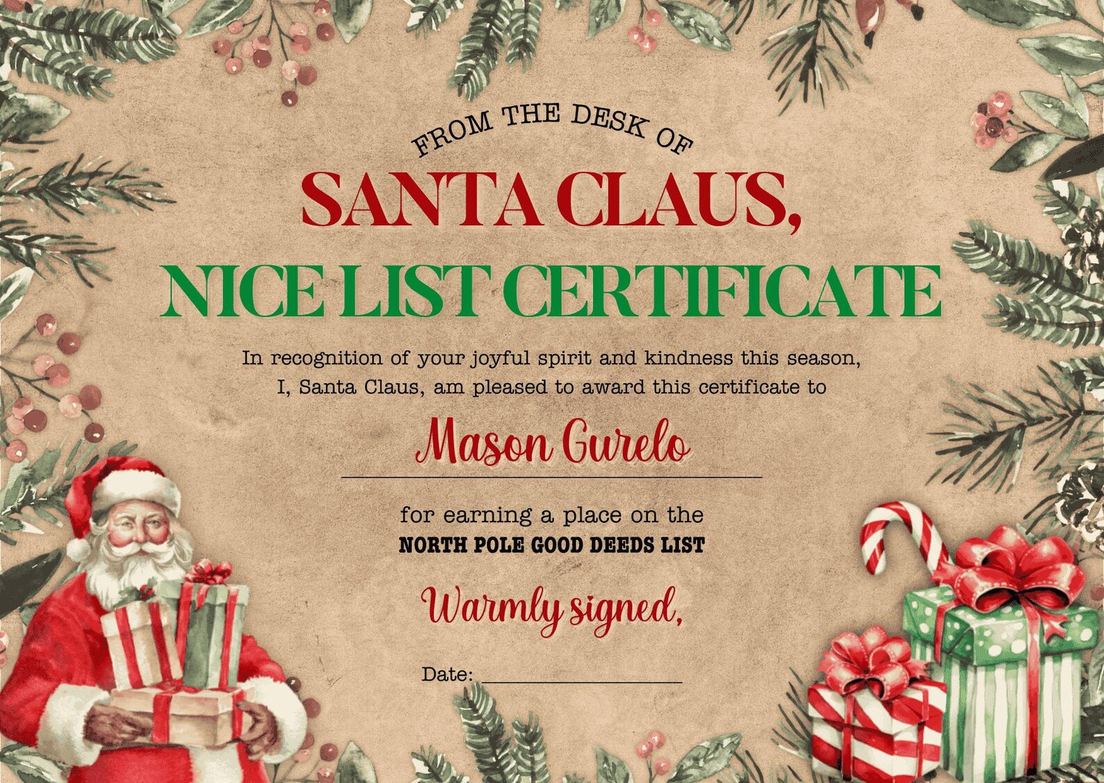 Editable Santa Claus Official Nice List Certificate, Letter From Desk ...